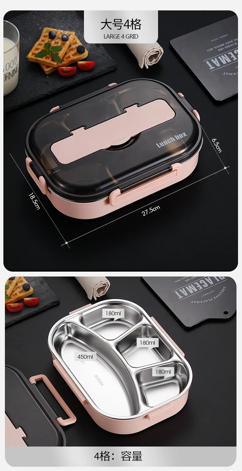 New 304 Stainless Steel 2/3/4 Compartments Lunch Box With Handle Food Container Compartment ...