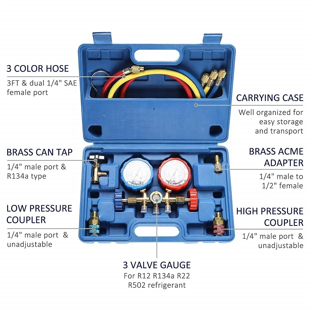 Manifold Gauge Set for Freon Charging - R134A, R12, R22, R502 - HVAC ...