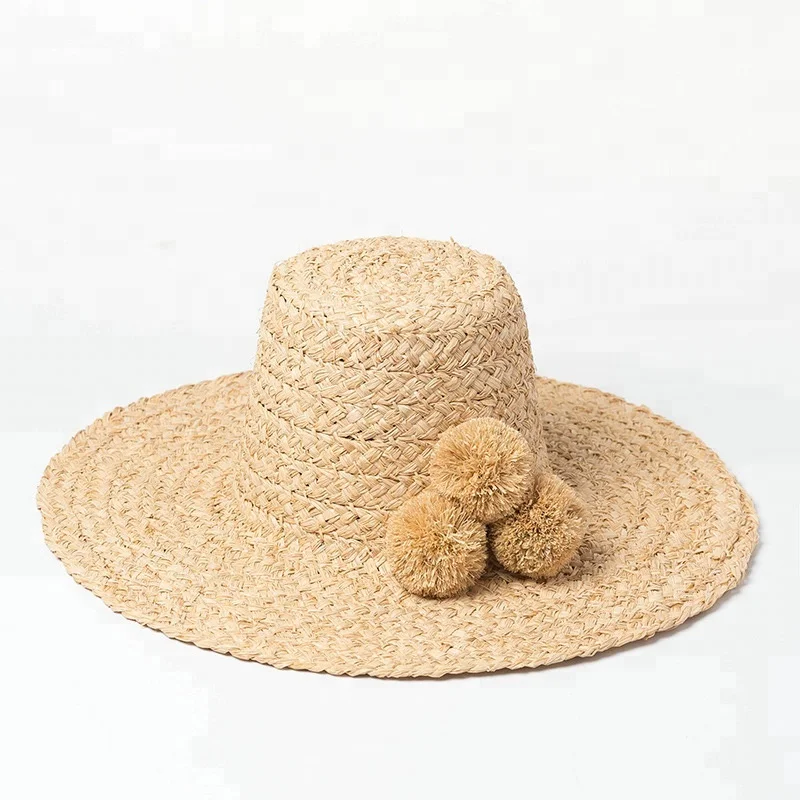 High End Custom Design Women Raffia Straw Hat With Pom Pom Ball - Buy ...