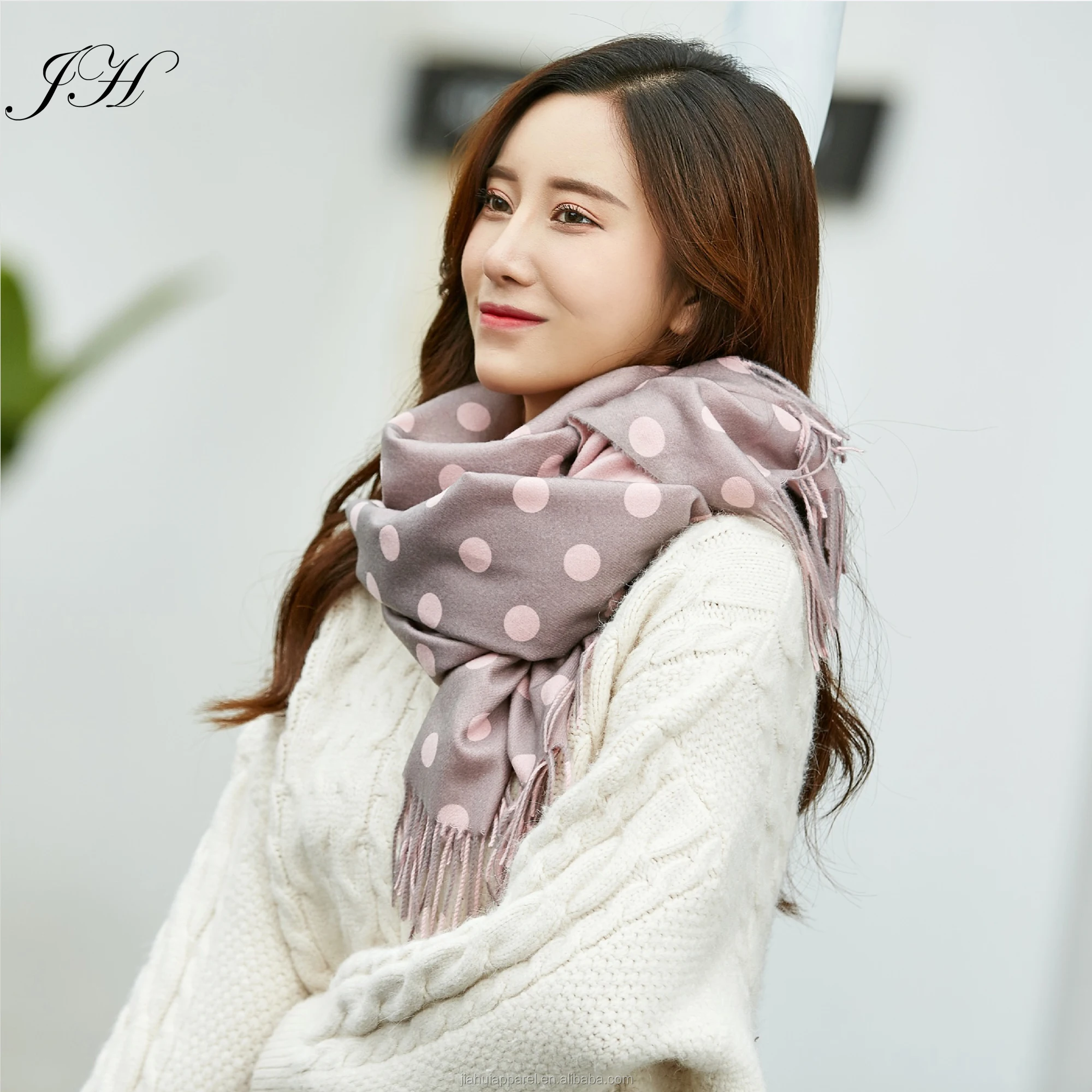 Women Double-sided Winter Knitted Scarves Two-tone Reversible Polka Dot ...
