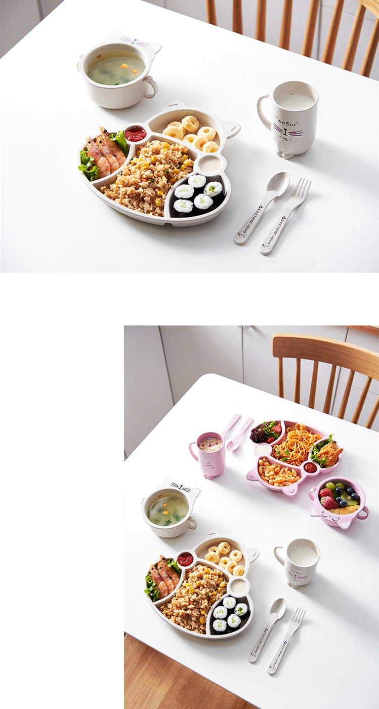 Cartoon Cat Shape Dinner Set Kids Plate Wheat Straw Baby Plate Set ...