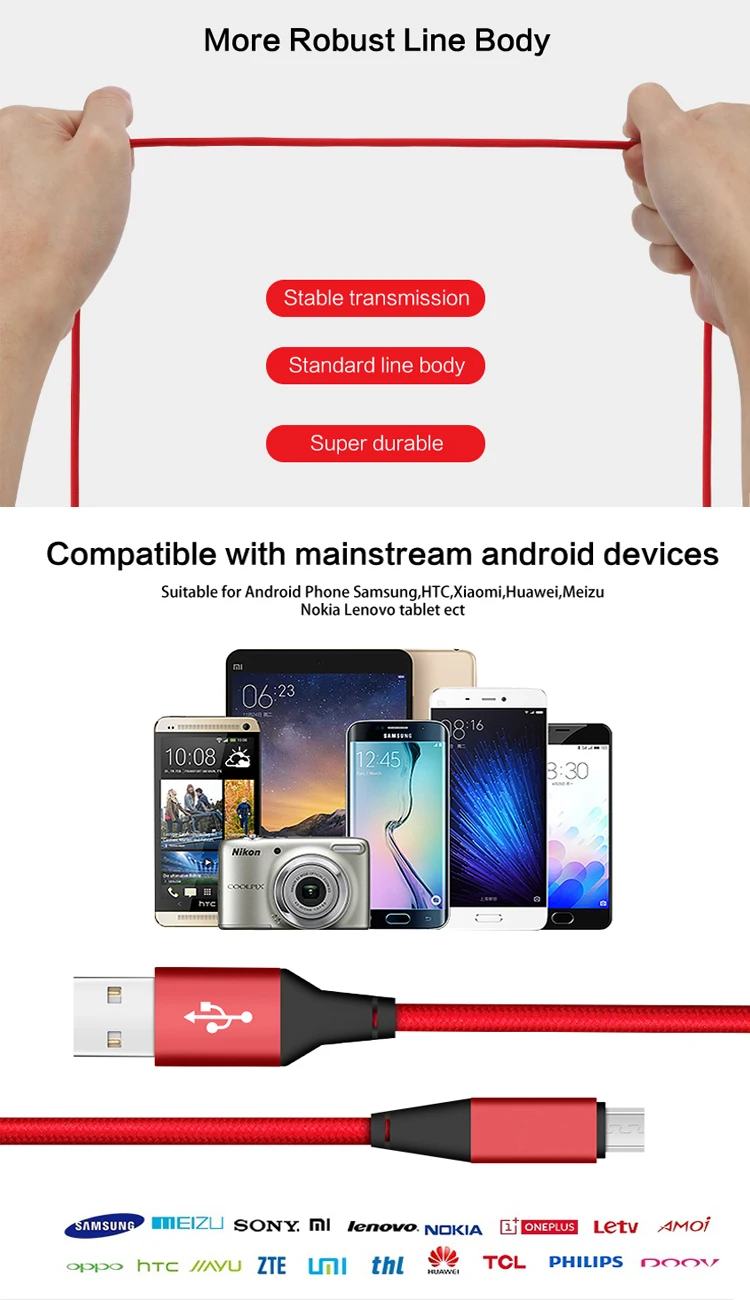 Durable 1m 2m 3m black nylon braided aluminum usb micro data cable for ...