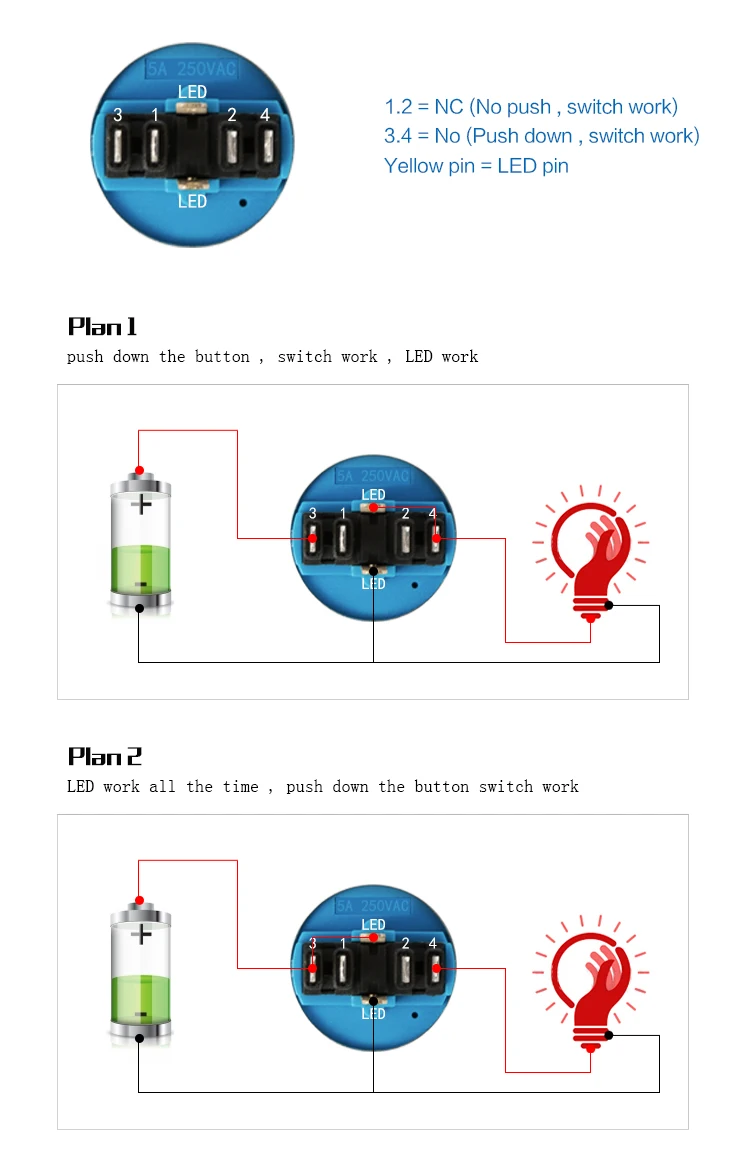 6 Pin Push Button Switch - LED Metal Switch Momentary 6V