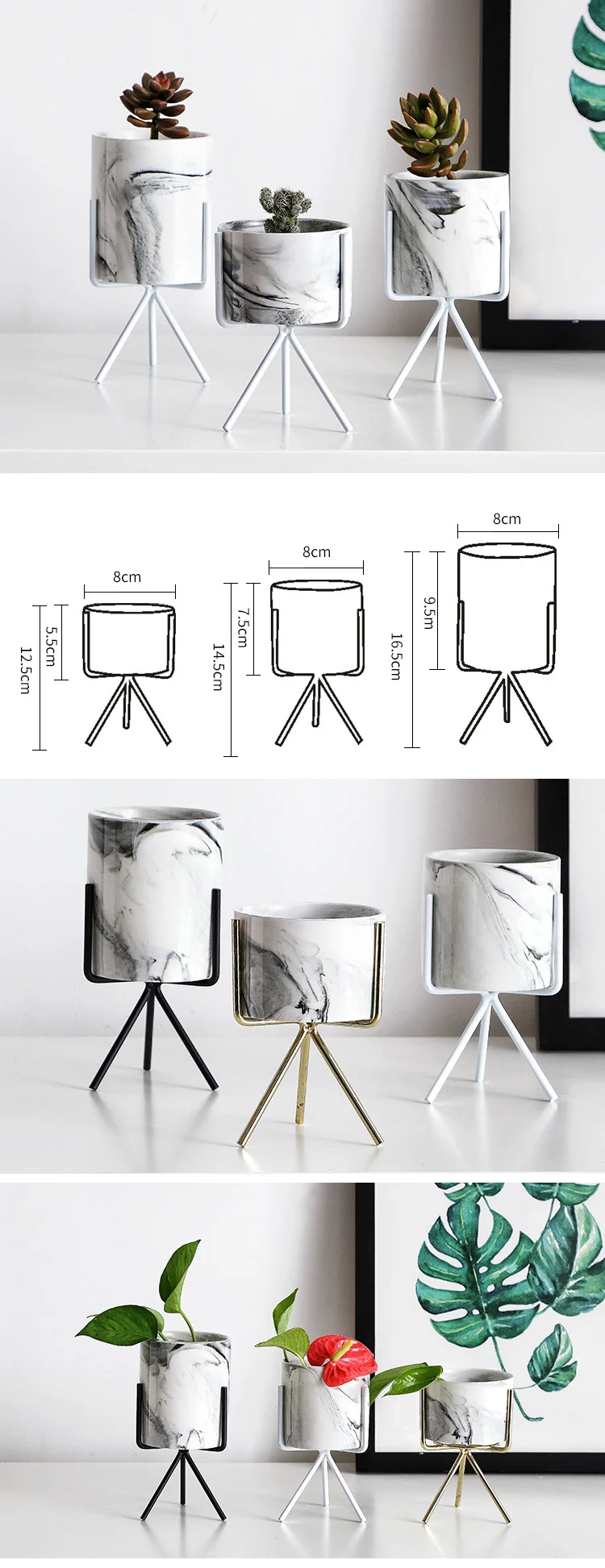 Ceramic Marble Pot With Metal Stand For Succulent Plant Mini Pot For ...