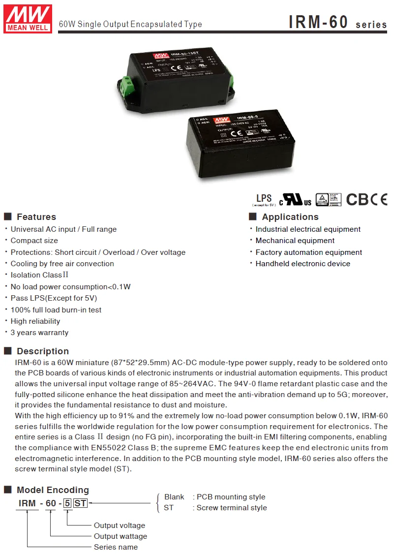 Original Mean Well Irm-60-24 60w 24v Single Output Ac-dc Pcb-mount ...