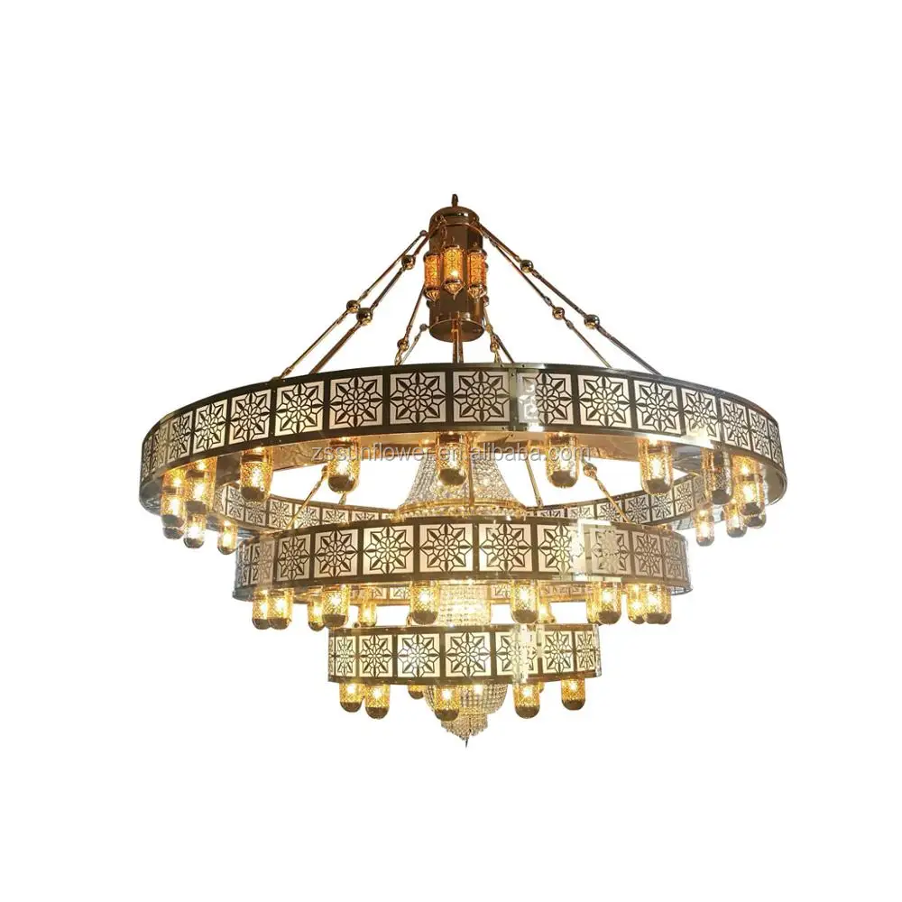 Mosque 3 Tiered Crystal Islamic Center Decoration Gold Chandelier
