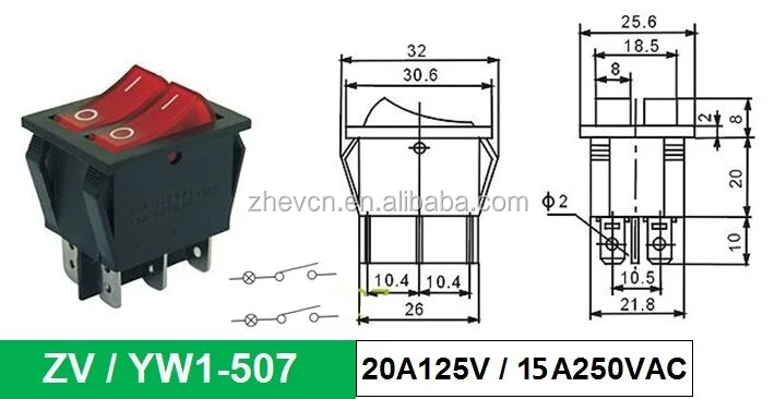 Dpdt 220v Red Green Double Pole Rocker Switch With 6 Pins On Off Light ...