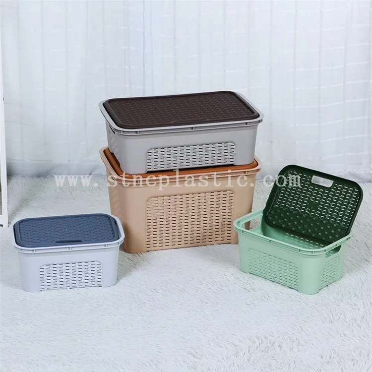 Plastic Rattan Storage Box With Lid Stackable Basket Container - Buy ...