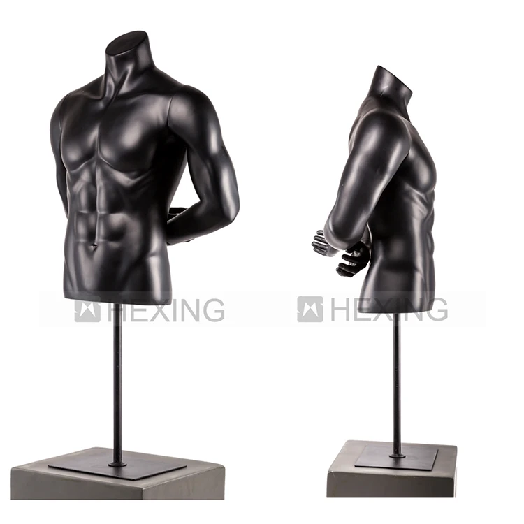 Half Body Muscular Man Matte Black Torso Mannequin Male