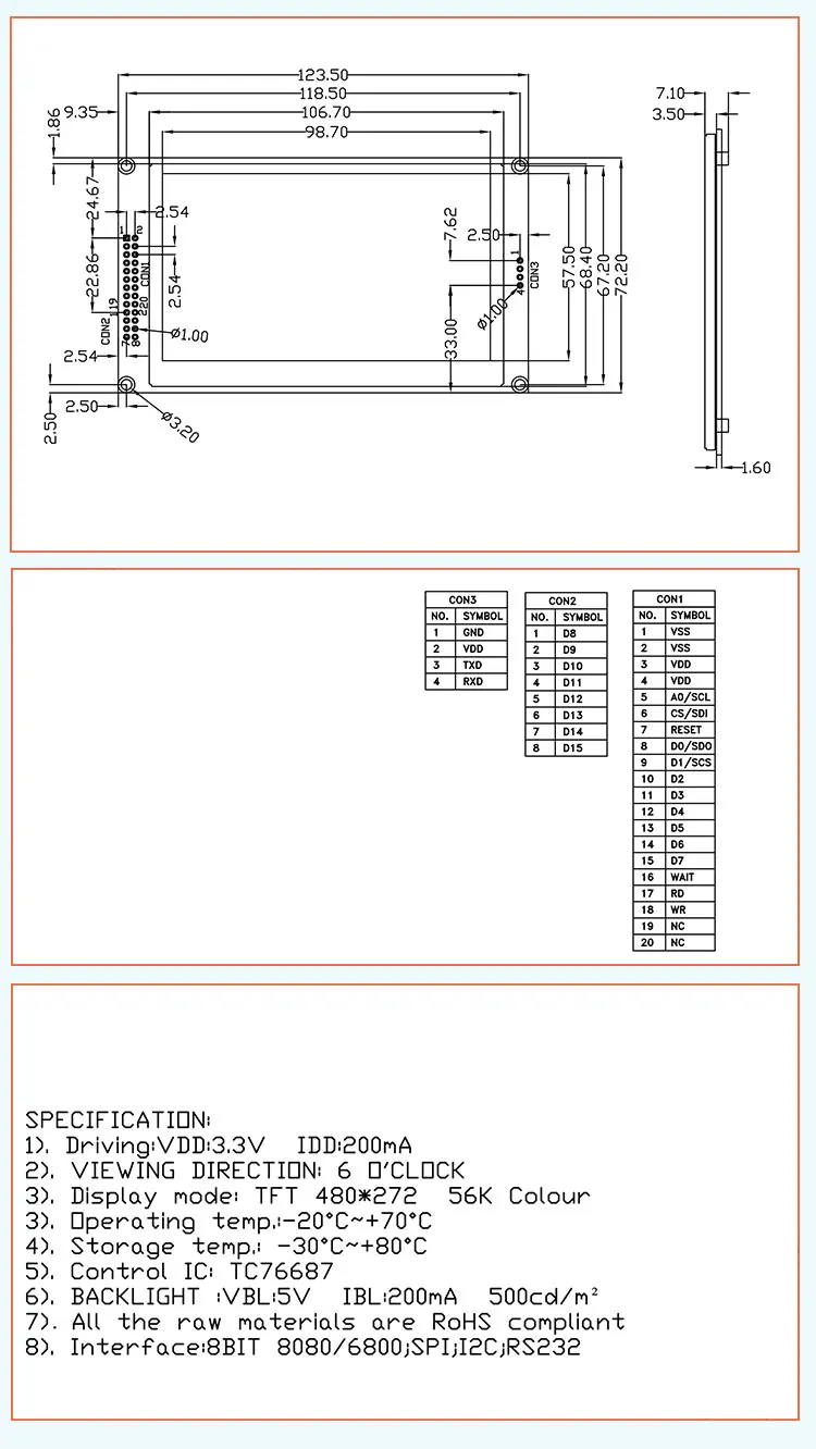 Tcc Lcd 4.3" Tft Touch Screen Ra8875 Controller Board Spi/i2c Interface ...