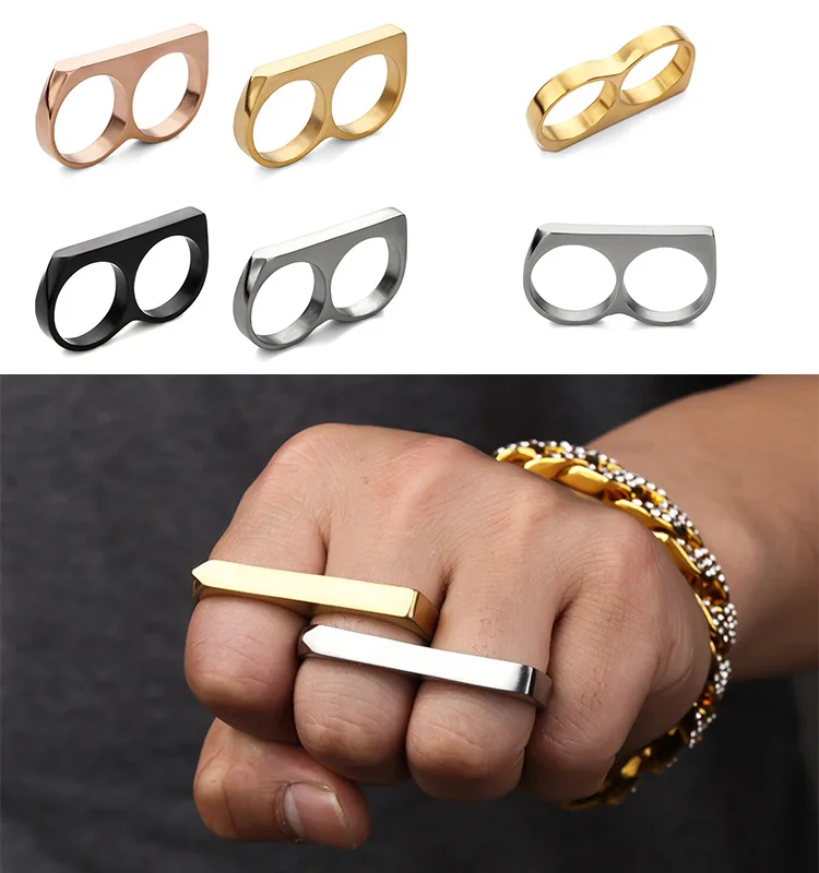 Personality Simple Punk Stainless Steel Gold Plating Double Two Finger ...