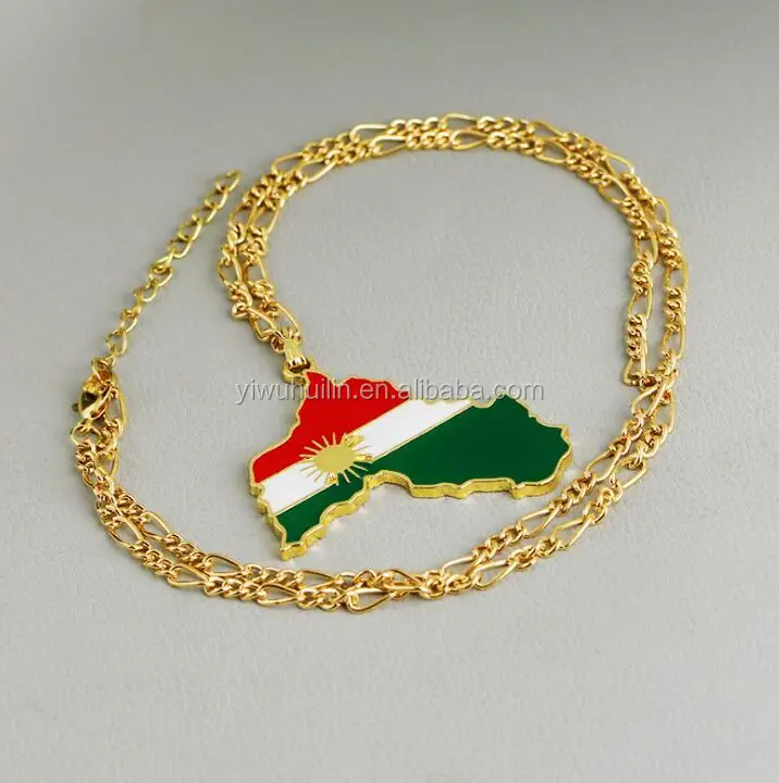 Zj071 Huilin Kurdistan Gold Enamel Pendant Necklace Flag Region Map ...