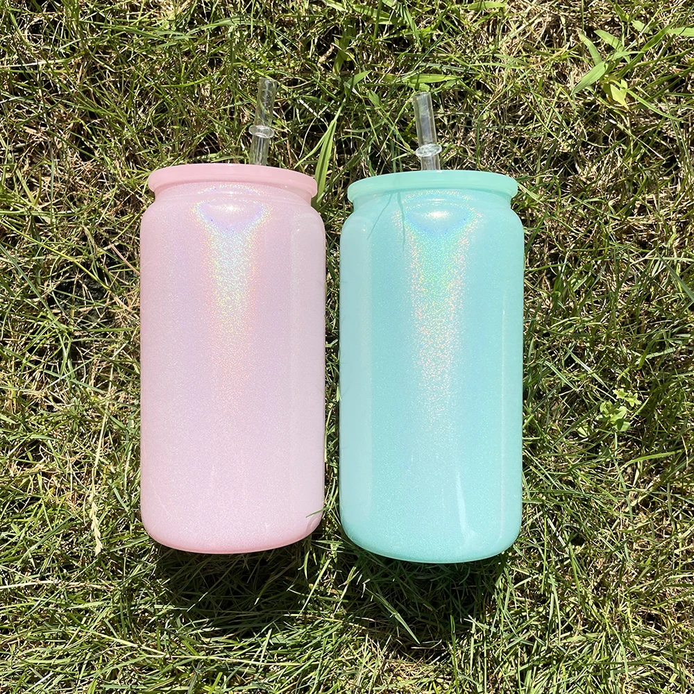 Holographic Shimmer Rainbow Glitter Blank Sublimation Glass Can Tumbler ...