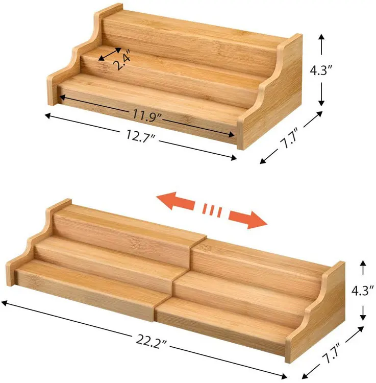 3 Tier Expandable Wooden Spice Racks - Eco-Friendly Food Display