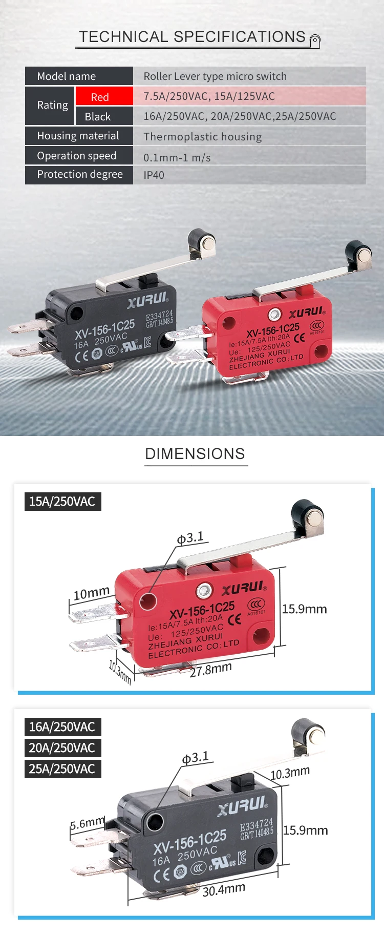 3 Pin Electronic Dc Micro Switch V156 With Roller Lever Type - Buy 3 ...