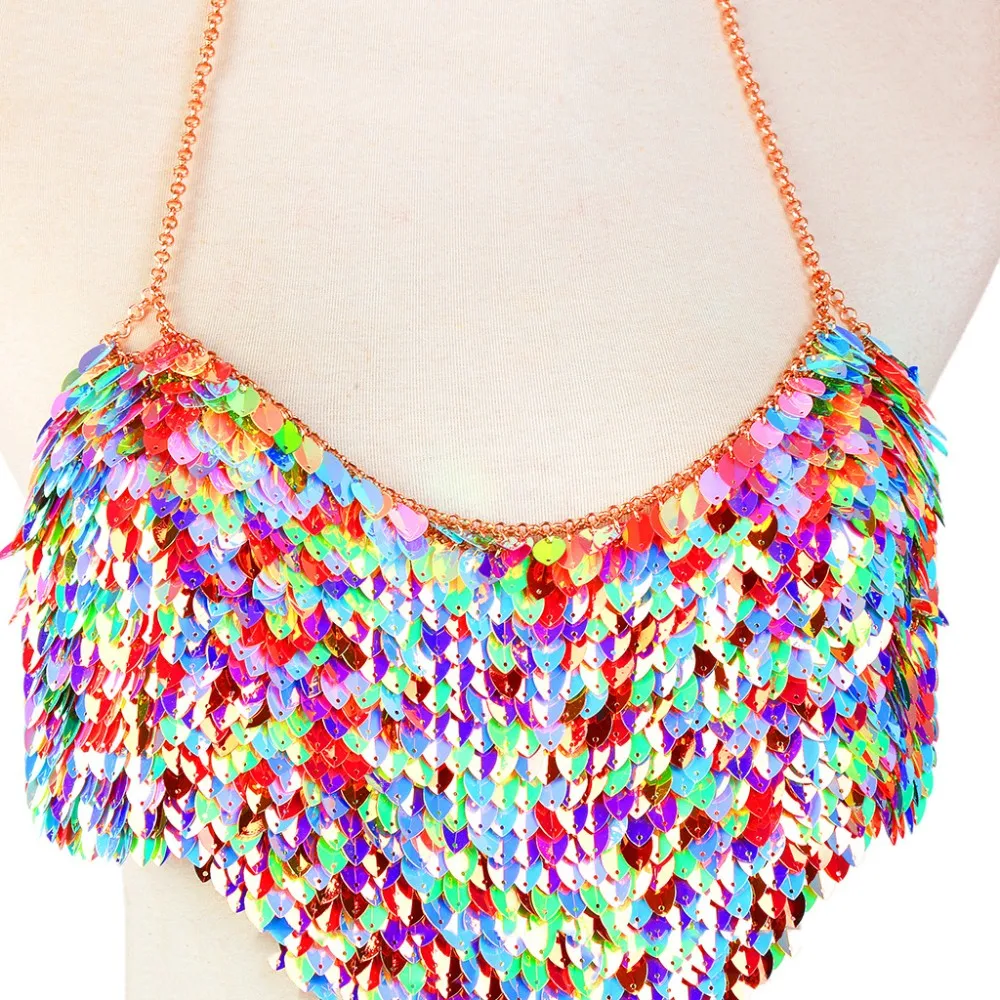 Sexy Sequins Shiny Bikini Bra Body Chain Chainmail Colorful Harness
