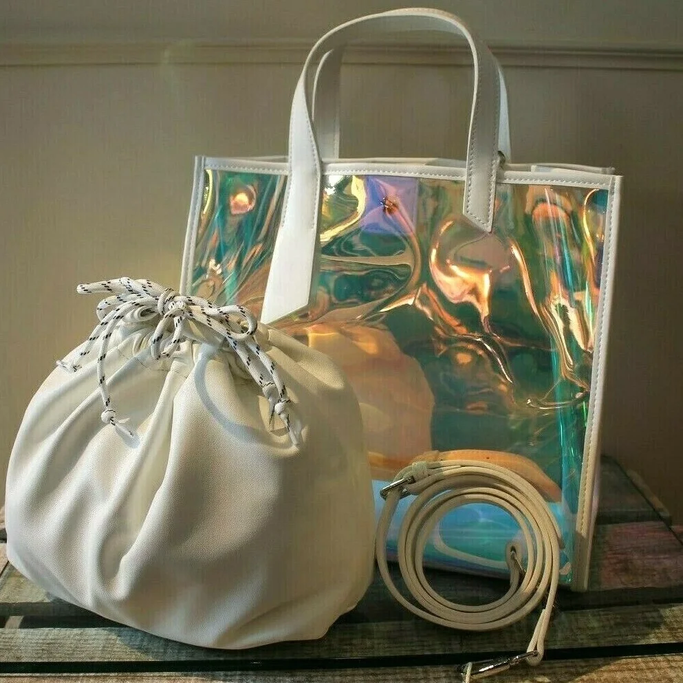 Ladies Iridescent Pvc Holographic Handbag Beach Shoulder Tote Shopping ...