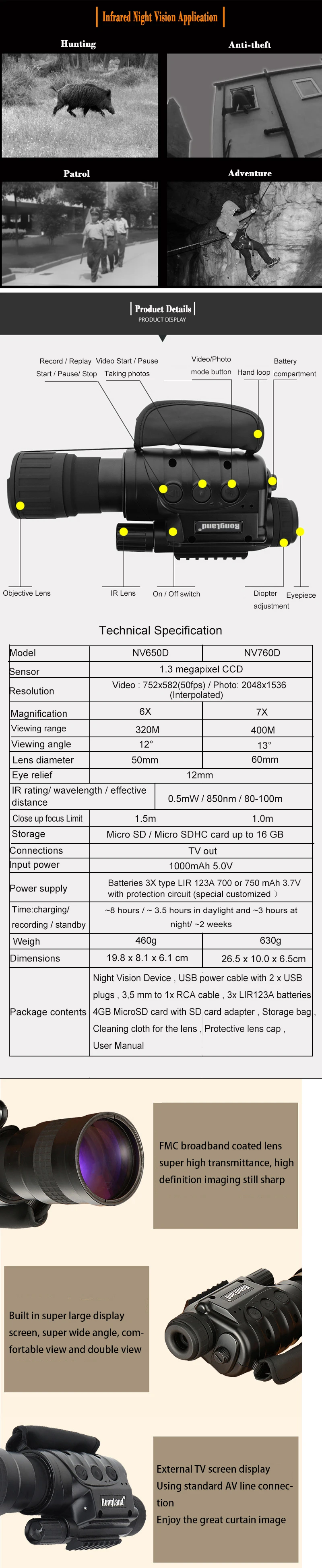 Rongland NV-760D + Infrared Hunting Night Vision Monocular