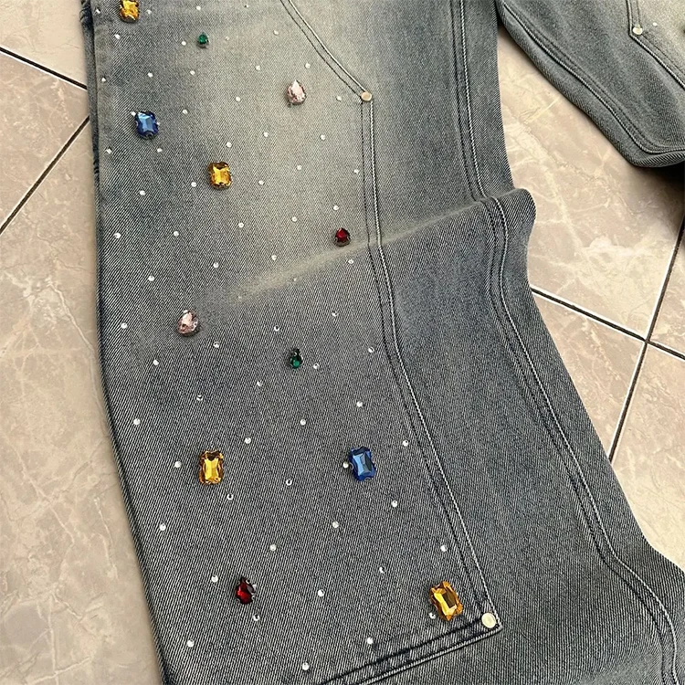 Rhinestone Jeans Pants - Streetwear with Double Knee Patch