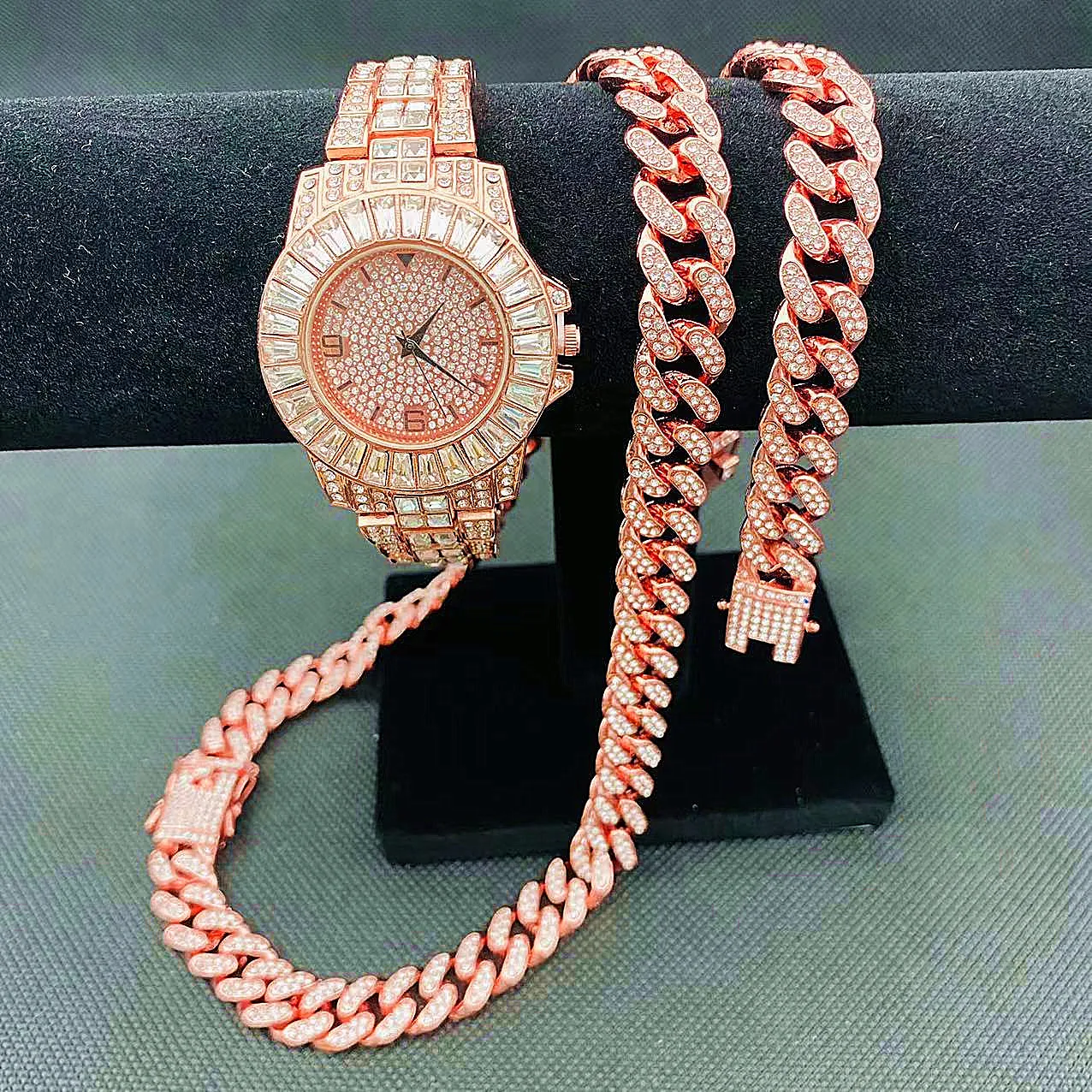 Luxury Watch Jewelry Set 3pcs Mens Women Hip Hop Iced Out Watch ...