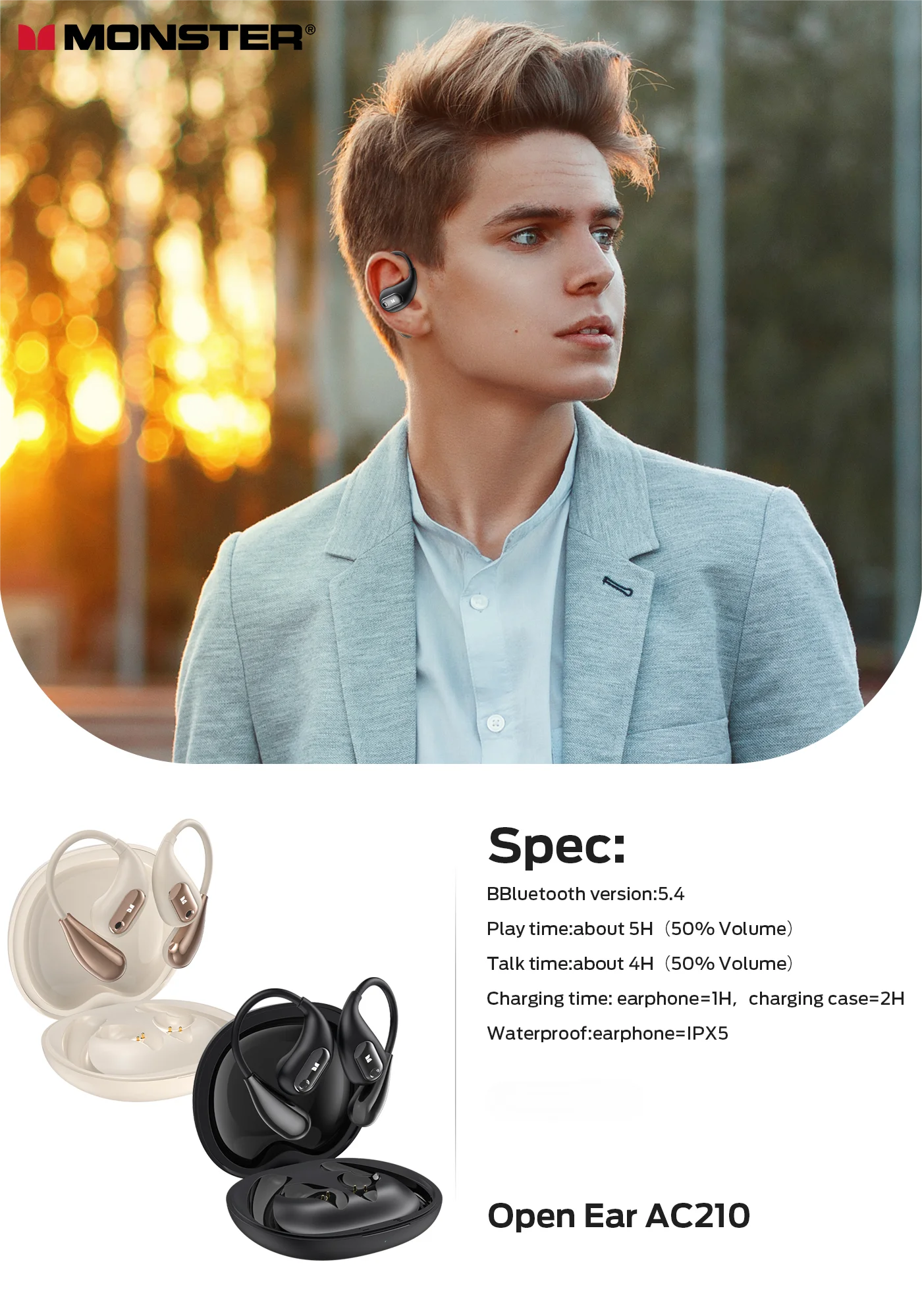 Monster Open Ear AC210 TWS Earbuds - Wireless Noise Reduction