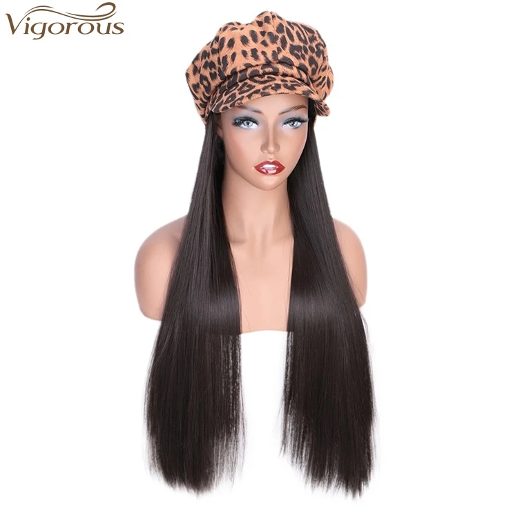 Vigorous Black Synthetic Fiber Wig With Orange Leopard Hat for Women ...