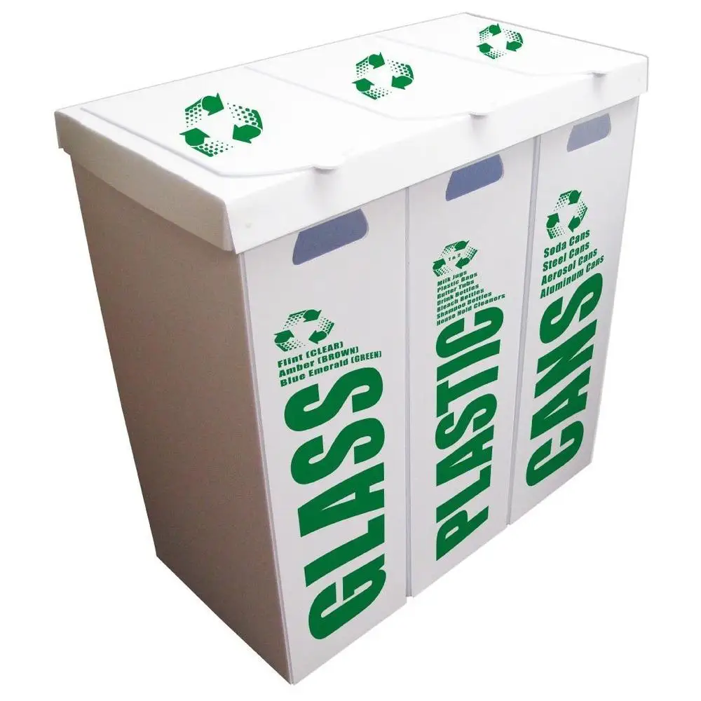 Pp Corrugated Trash Box With Cover Recycling Bin 3 Compartments Blank ...
