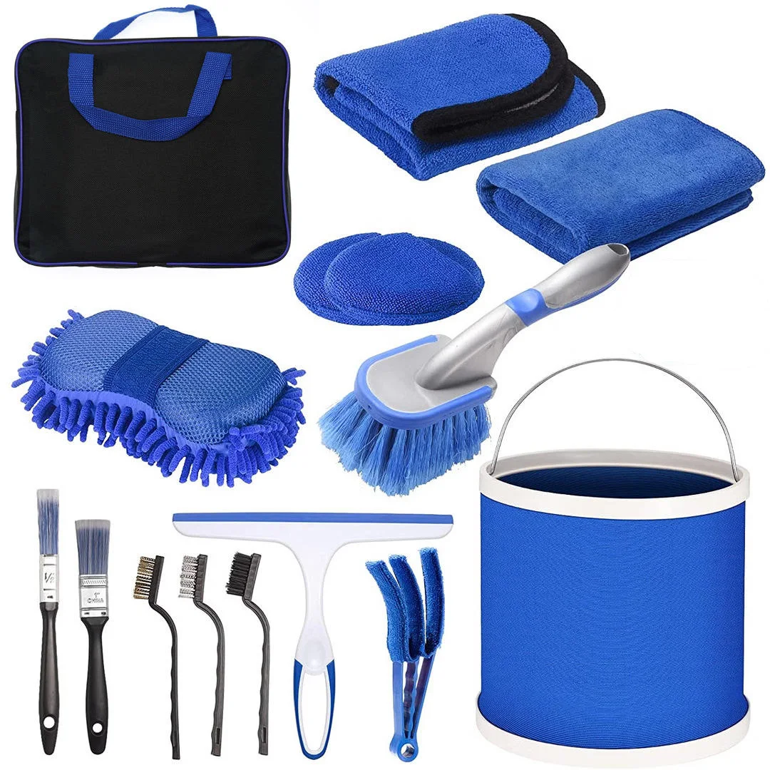 16 Piece Exterior Interior Car Wash Cleaning Tool Kit Folding Bucket ...