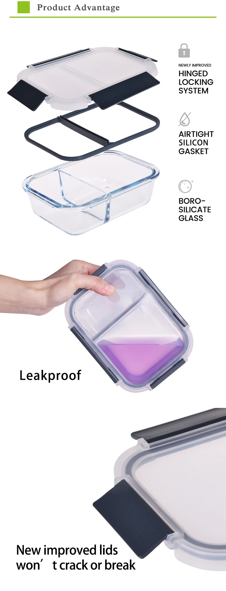Lunch Box Glass Bento Box With 2 Compartment Microwave Safe Glass Bento ...