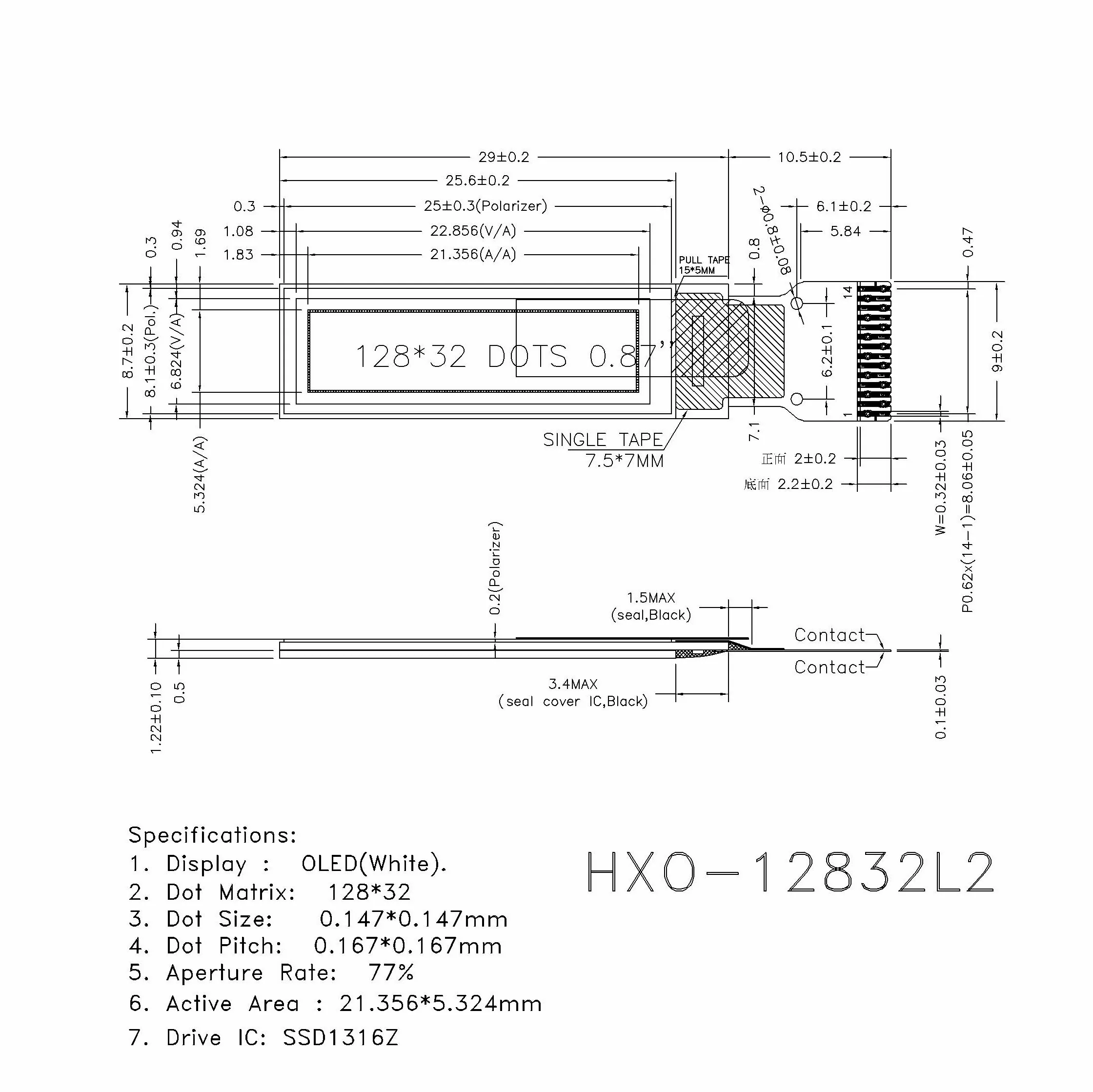 14 Pin Connector White OLED Display 128x32 Pixel 091 Inch