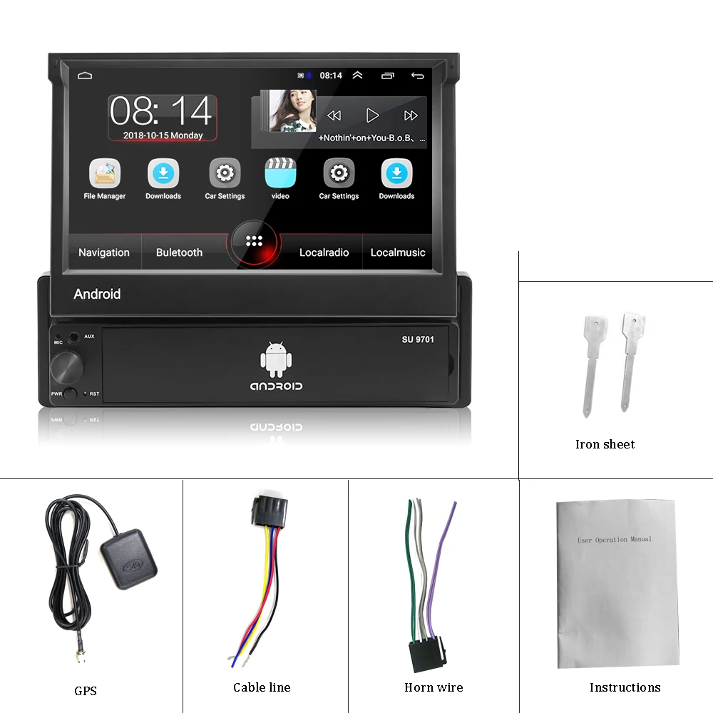 Podofo 1DIN Android Car Radio - 7'' Retractable Touch Screen
