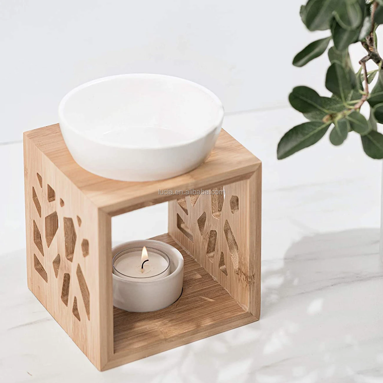 Bamboo Wooden Scented Oil Burner Soy Wax Melts Warmer Aroma Ceramic ...