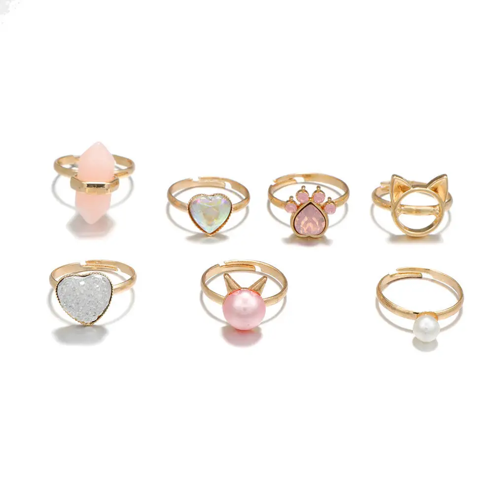Cute Various Design Pearl Gemstone Cat Head Ear Resizable Ring 7pcs Set ...