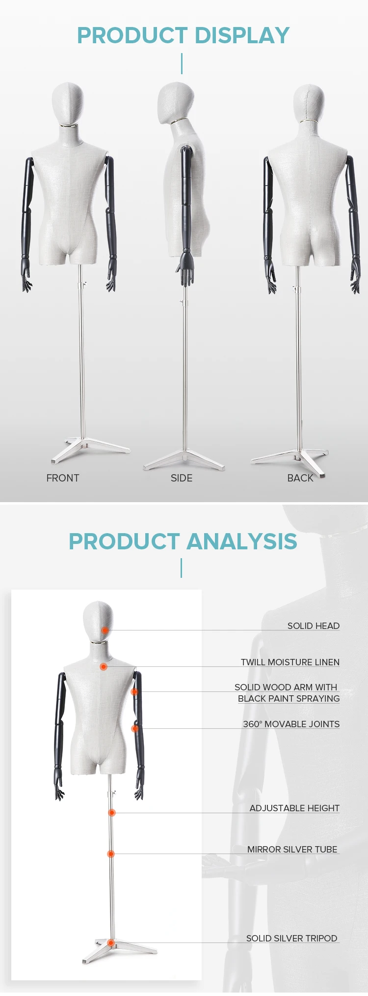 Fashion Dummy Half Body Male Mannequin Wooden Arms Male Mannequin Torso ...