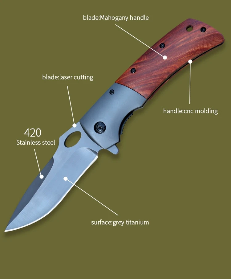 Mahogany Wooden Handle Pocket Folding Knife Outdoor Hiking Camping Self ...