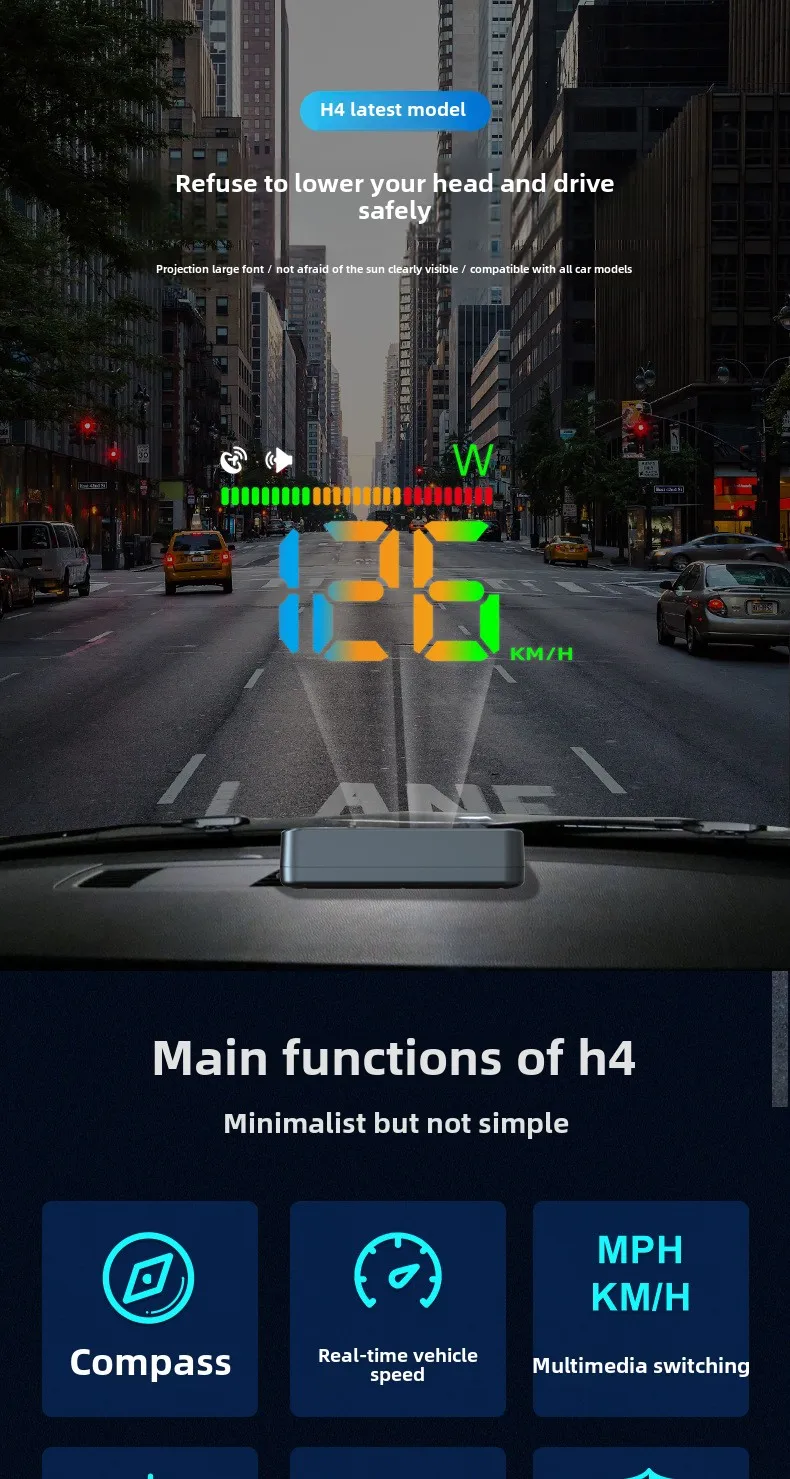 Universal H4 HD Speed Display Car Windshield HUD GPS Compass LCD ...