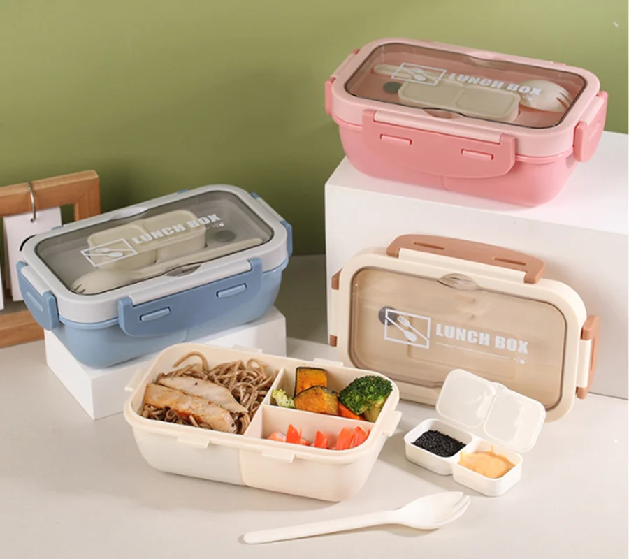 840ml Reusable Plastic Lunch Bento Box with 3 Compartments Partition ...
