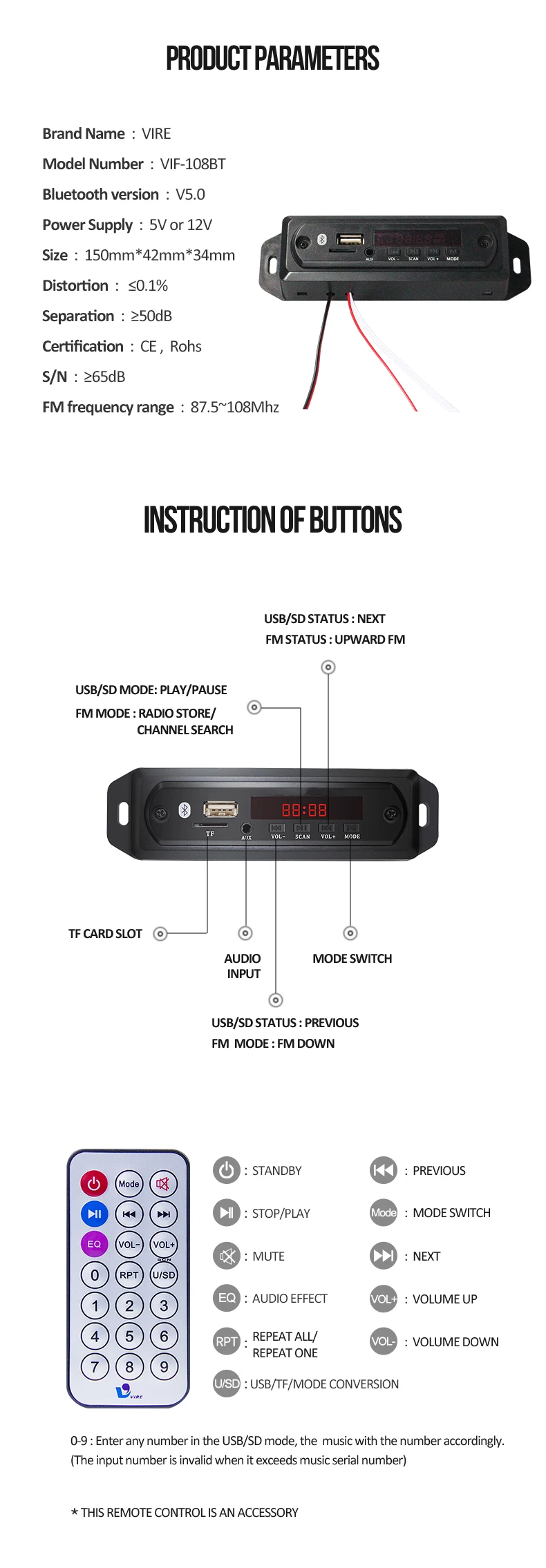 VIRE Bluetooth MP3 WMA Decoder Board - Audio Module for Car