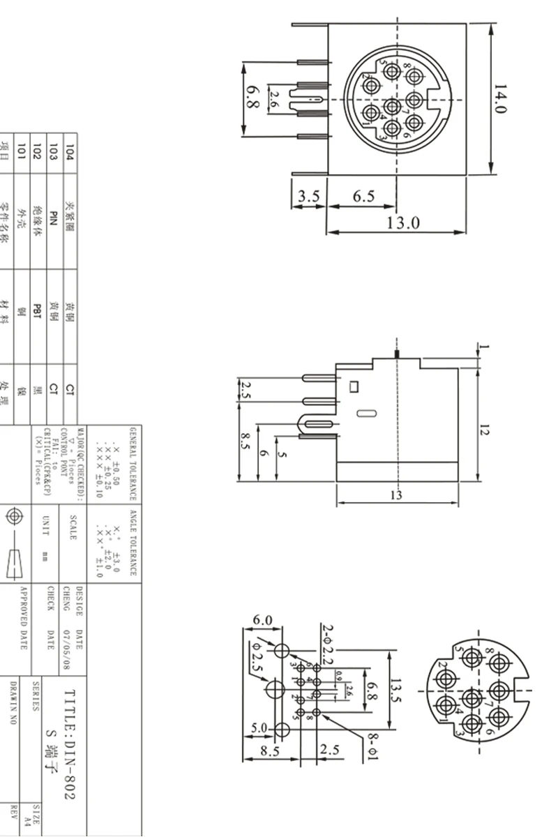 DIN-802 Female Mini Din Socket Connector for PCB & Custom OEM