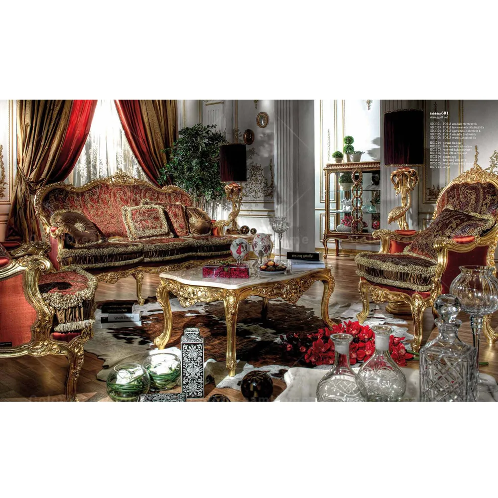 Luxury Classic Wood + Red Fabric Sofa Set French Antique Sofa