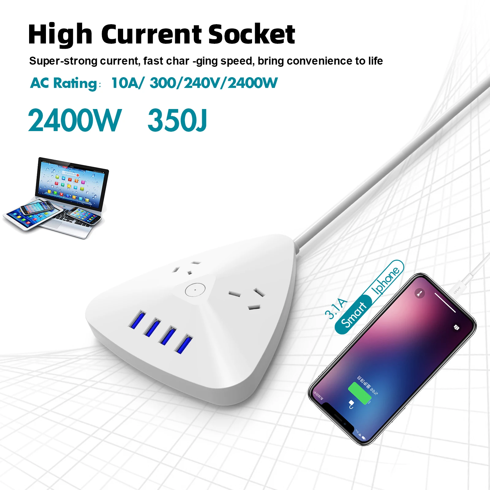 Triangle Shape Flat Plug Power Strip with USB Ports