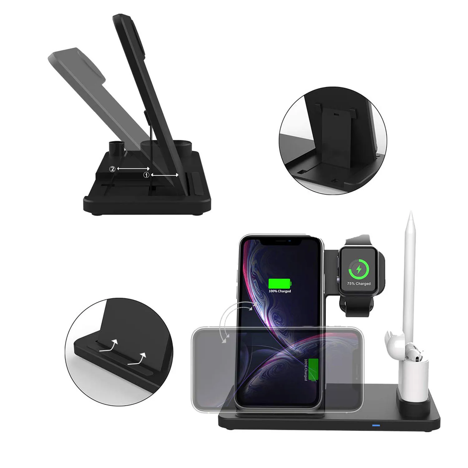 4 In 1 Foldable 10w Wireless Charging Desk Holder For Iphone Iwatch ...