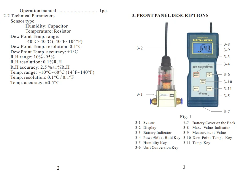 Portable Dew Point Meter HT-6292 Gas Dew Point Tester 2.5%1%RH 0.5 1 ...