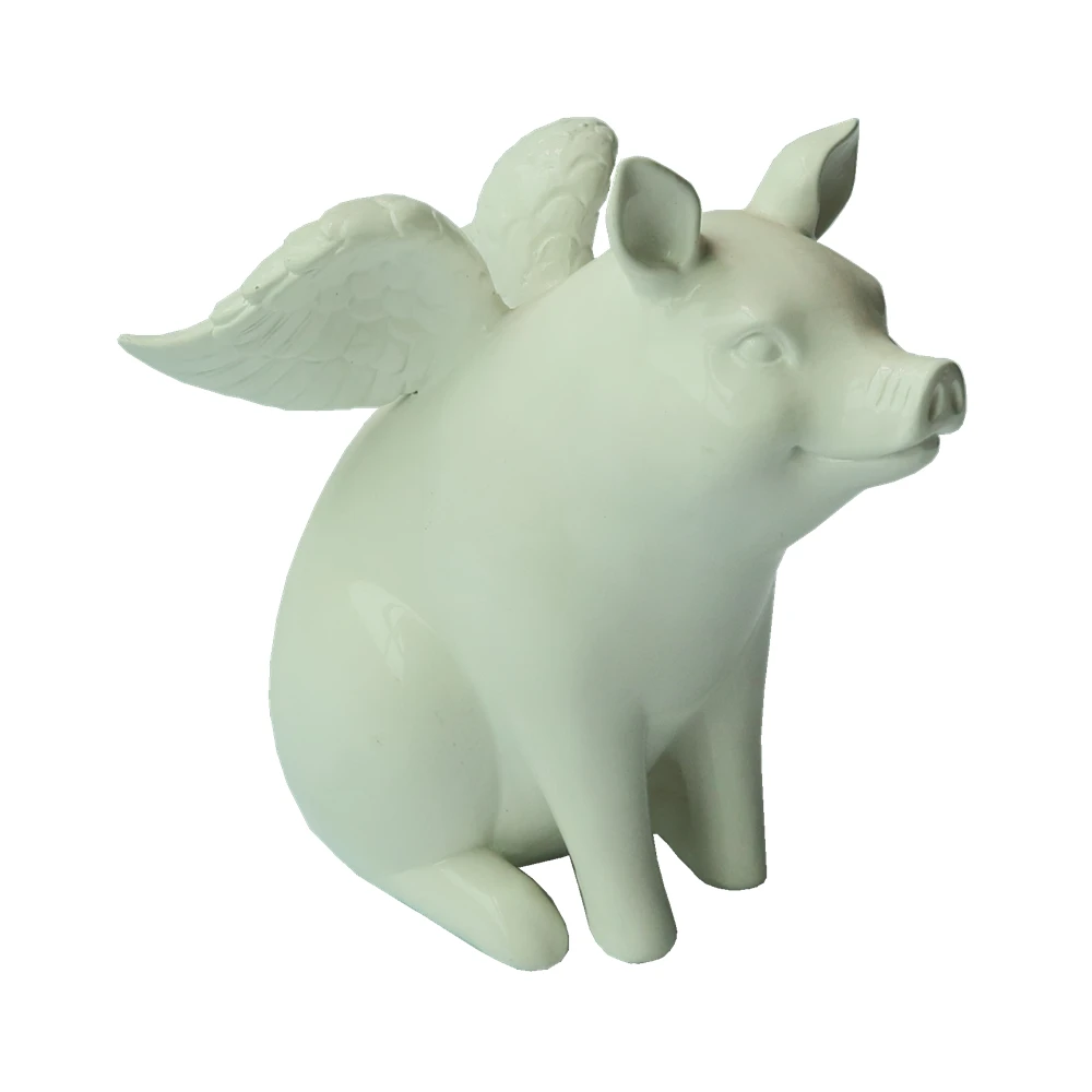 White Polyresin Pig Statue with Wings - Tabletop Decoration