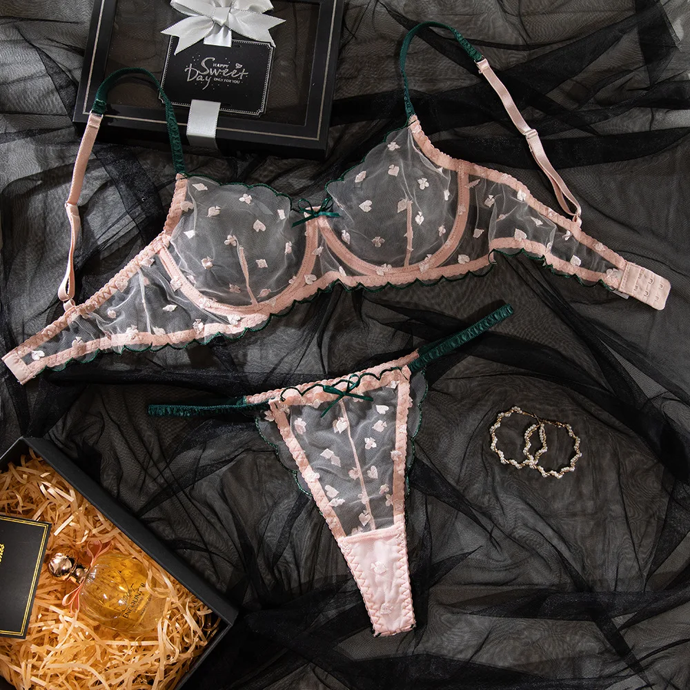 Women's Sexy Cross-Border Bra Set Card Embroidery Transparent Lace Low ...
