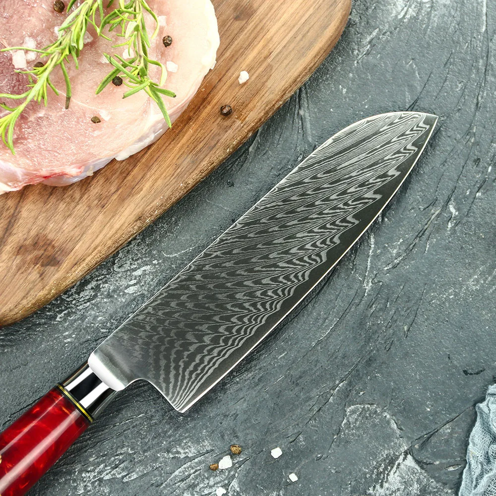 Red Resin Wood Handle Japan Damascus Knife Damascus Santoku Knife Chef ...
