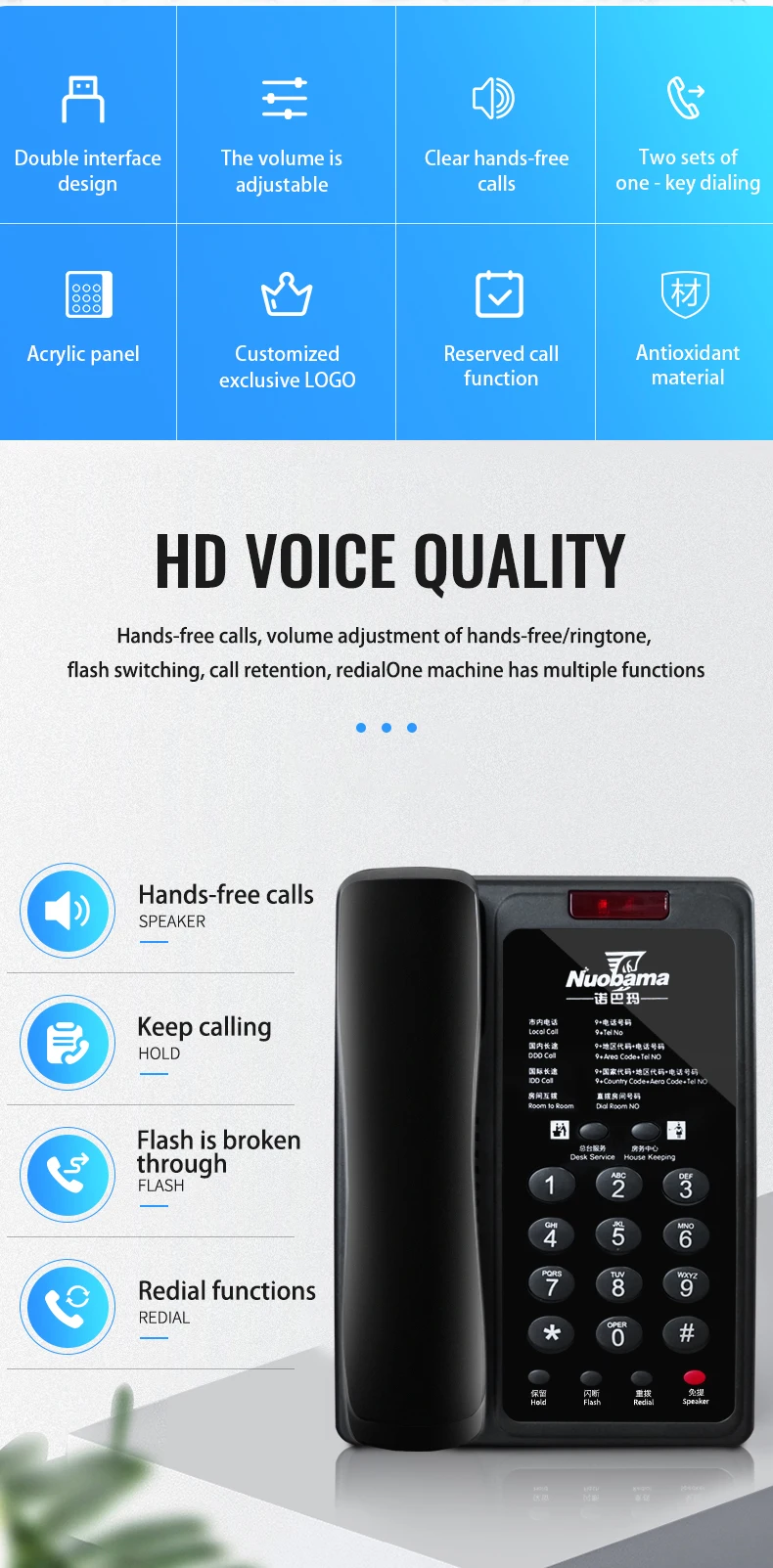 Basic Analog Phone System Desk Land Line Telephone For Hotel Room ...