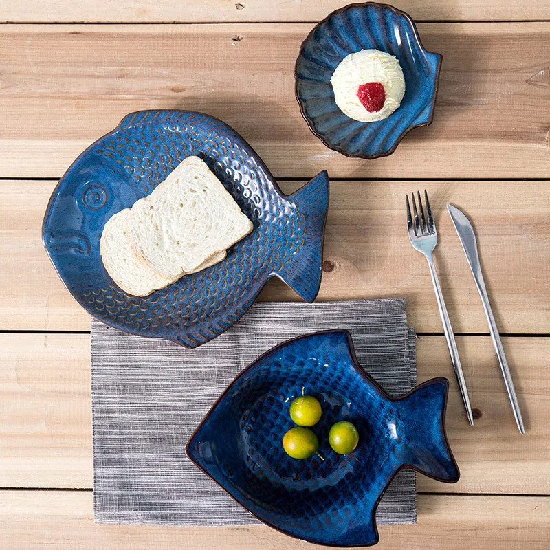 Reactive Blue Sea Fish Shape Plates Bowls For Restaurant Ceramic Plate ...