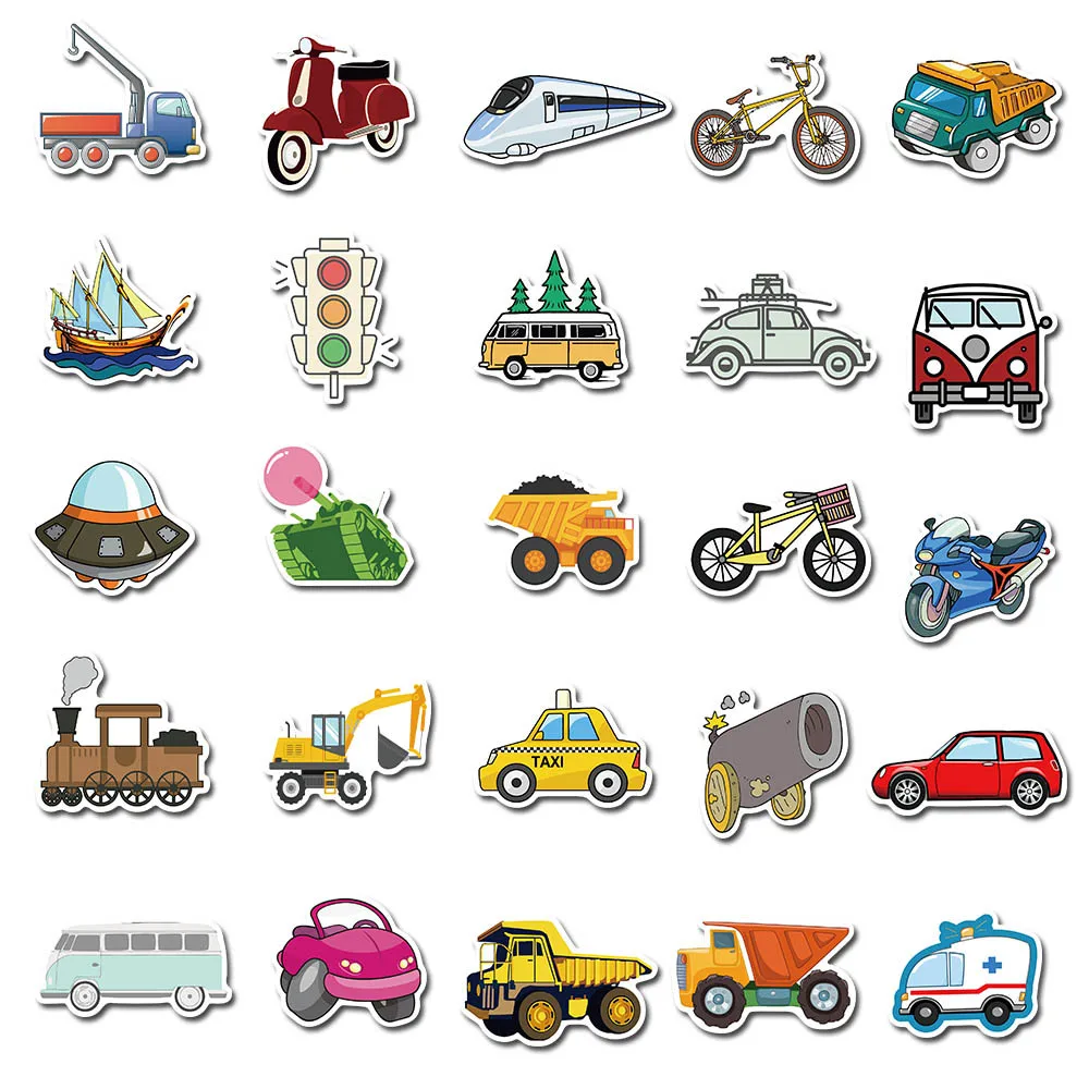 50pcs Cartoon Car Bus Grab Transport Tools Vehicle Sticker