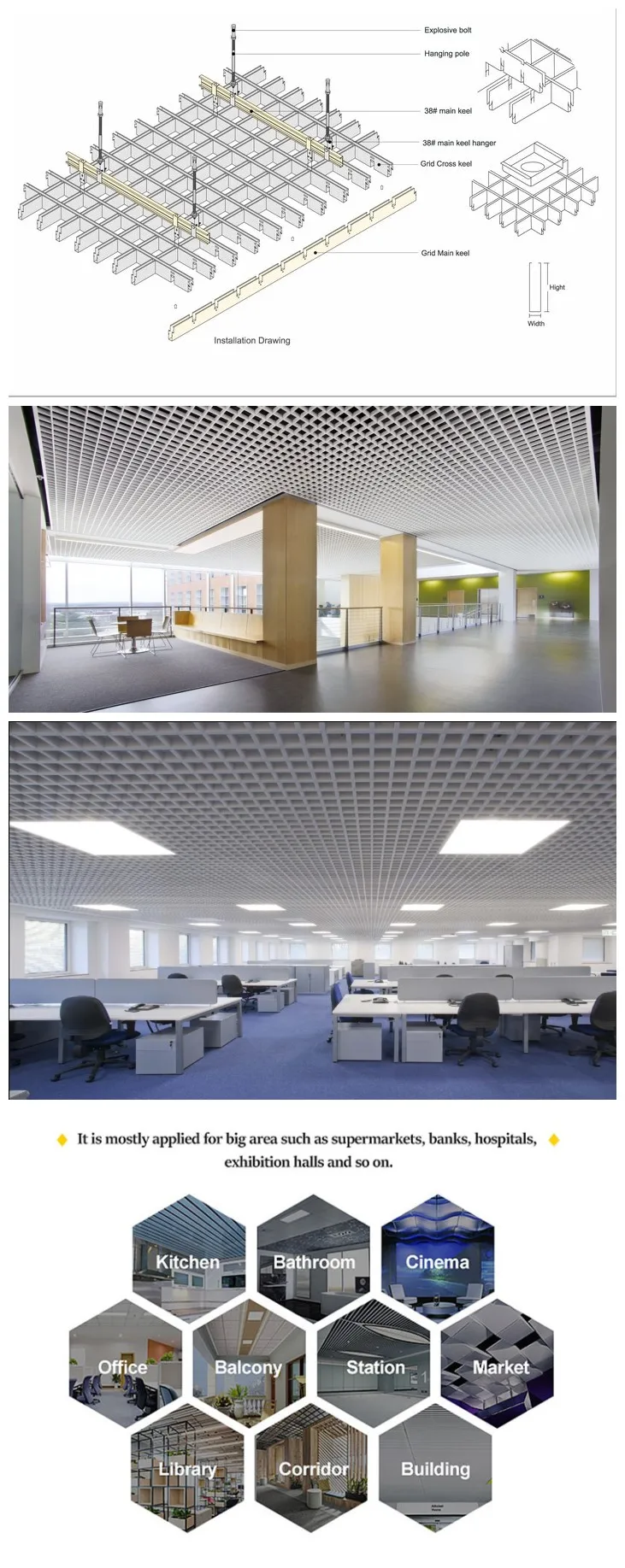 Office Building Aluminium Open Cell Grid Ceiling - Buy Aluminium Open ...